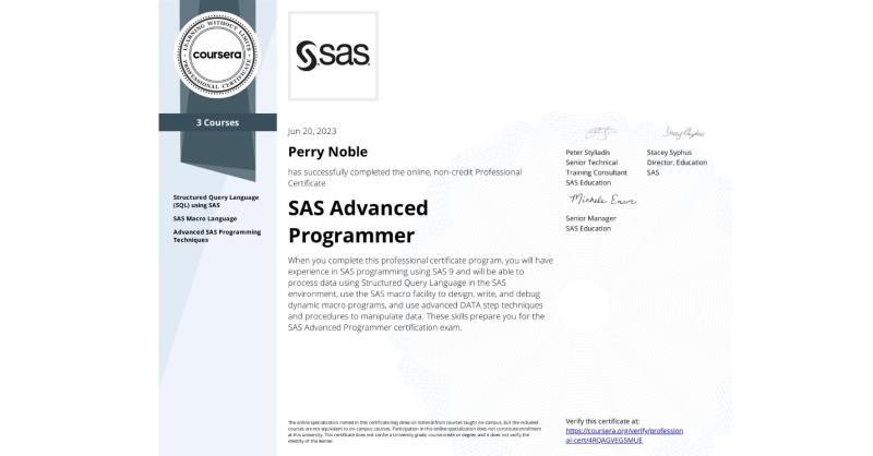 Perry Noble on LinkedIn: Completion Certificate for SAS Advanced Programmer Perry Noble on LinkedIn: Completion Certificate for SAS Advanced Programmer
