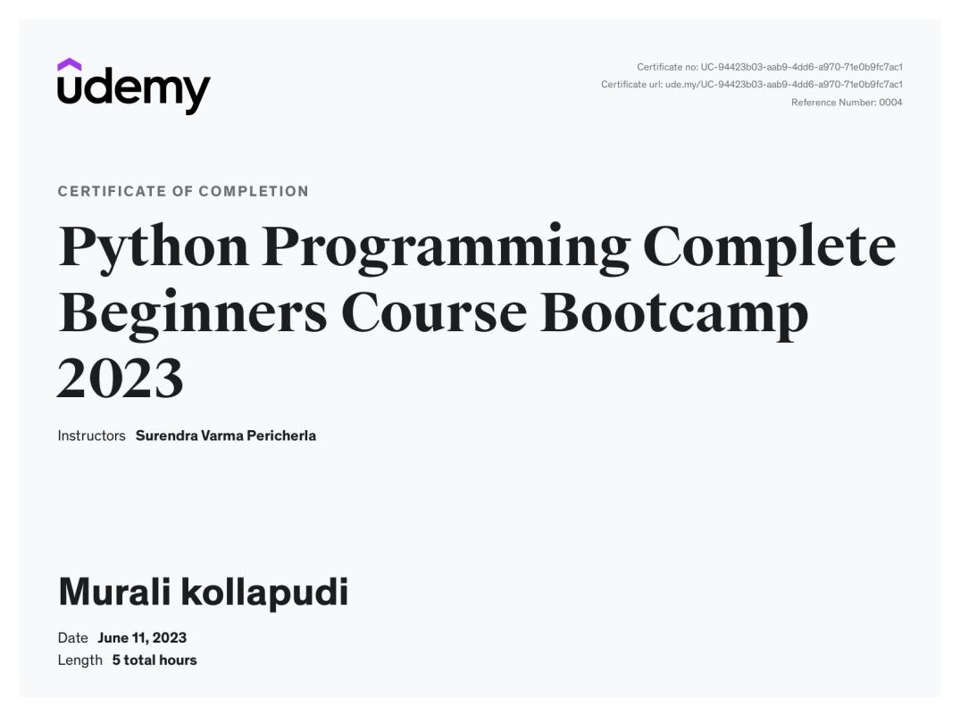 Murali kollapudi on LinkedIn: Udemy Course Completion Certificate Murali kollapudi on LinkedIn: Udemy Course Completion Certificate