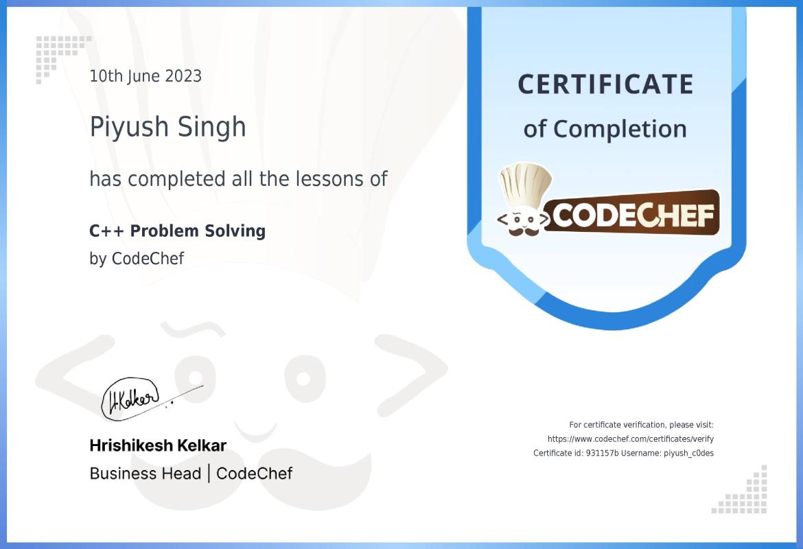 Piyush Singh on LinkedIn: CodeChef Certificate - Piyush Singh Piyush Singh on LinkedIn: CodeChef Certificate - Piyush Singh