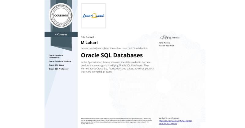 Muppiri Lahari on LinkedIn: Completion Certificate for Oracle SQL Databases Muppiri Lahari on LinkedIn: Completion Certificate for Oracle SQL Databases
