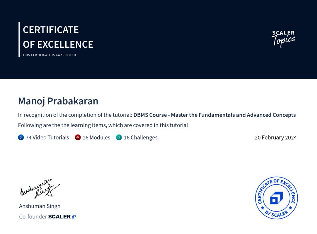 Completed DBMS course with Scaler | Manoj Prabakaran posted on the ... Completed DBMS course with Scaler | Manoj Prabakaran posted on the ...