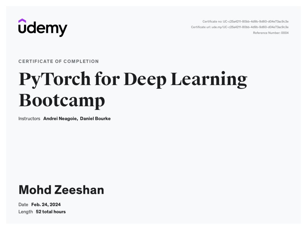 Completed PyTorch course with Daniel Bourke | Mohd Zeeshan posted on ... Completed PyTorch course with Daniel Bourke | Mohd Zeeshan posted on ...