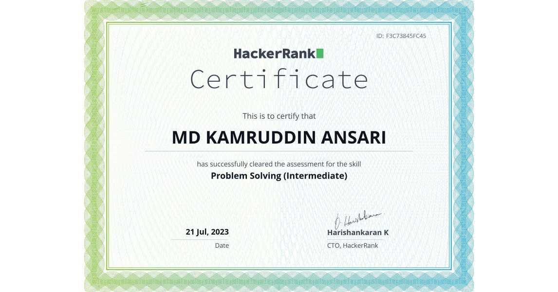 Md Kamruddin Ansari on LinkedIn: HackerRank Skill Certificate Md Kamruddin Ansari on LinkedIn: HackerRank Skill Certificate