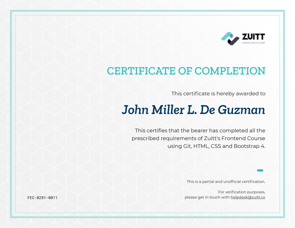 John Miller De Guzman on LinkedIn: Zuitt Coding Bootcamp Certificate of ... John Miller De Guzman on LinkedIn: Zuitt Coding Bootcamp Certificate of ...