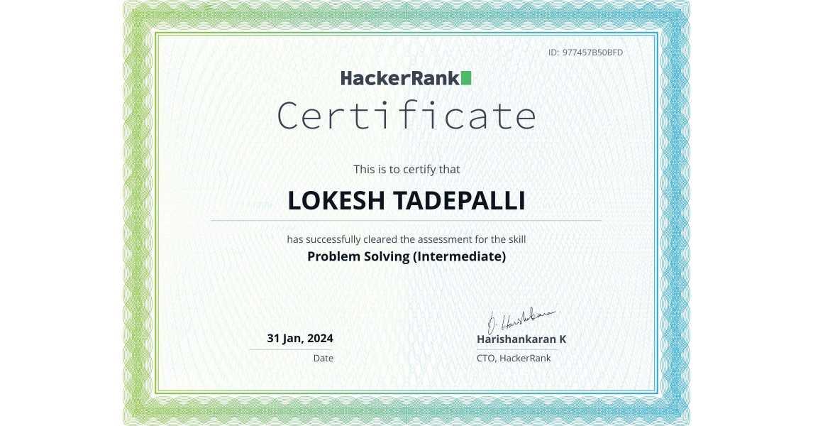 lokesh tadepalli on LinkedIn: HackerRank Skill Certificate lokesh tadepalli on LinkedIn: HackerRank Skill Certificate