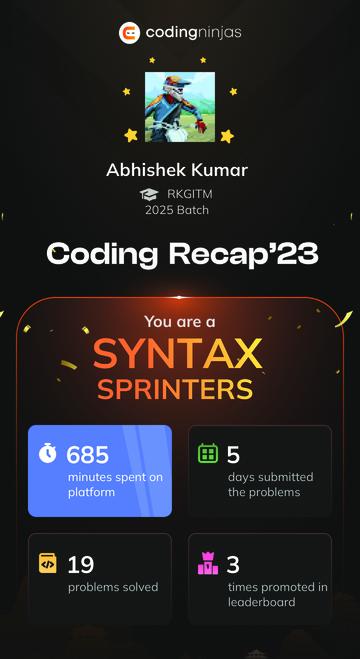 Abhishek Kumar Gihar on LinkedIn: Coding Recap'23 | Coding Ninjas Abhishek Kumar Gihar on LinkedIn: Coding Recap'23 | Coding Ninjas