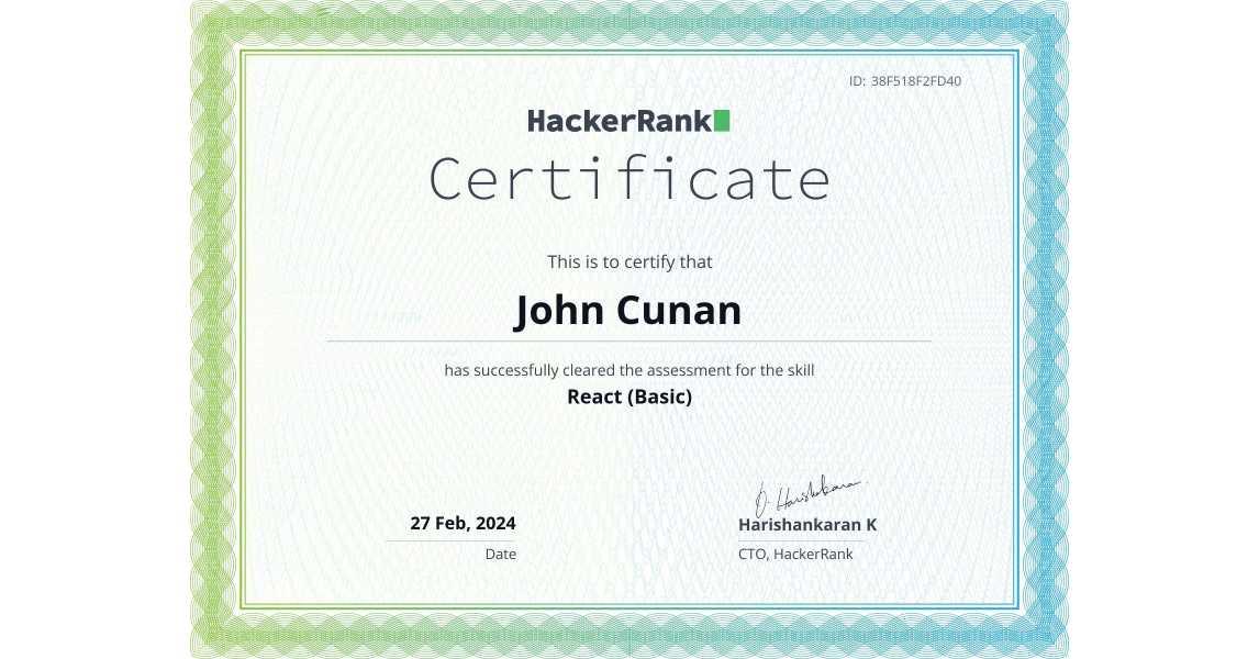 John Cunan on LinkedIn: HackerRank Skill Certificate John Cunan on LinkedIn: HackerRank Skill Certificate