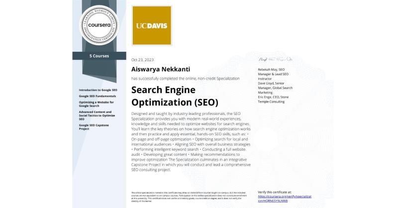 Aiswarya Nekkanti on LinkedIn: Completion Certificate for Search Engine ... Aiswarya Nekkanti on LinkedIn: Completion Certificate for Search Engine ...