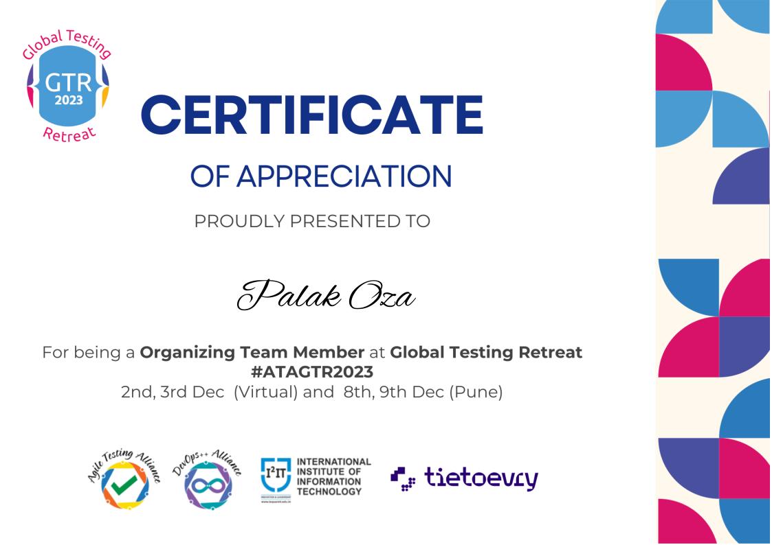 Palak Oza on LinkedIn: #ATAGTR2023 Organizing Team member certificate ... Palak Oza on LinkedIn: #ATAGTR2023 Organizing Team member certificate ...
