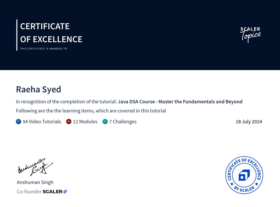 Raeha Syed on LinkedIn: I have completed Java DSA Course - Master the ... Raeha Syed on LinkedIn: I have completed Java DSA Course - Master the ...