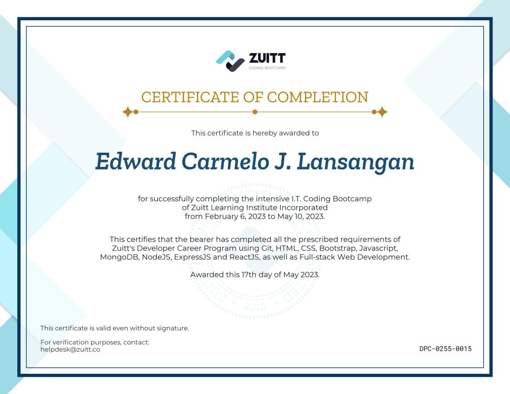 Edward Carmelo Lansangan on LinkedIn: Zuitt Coding Bootcamp Certificate ... Edward Carmelo Lansangan on LinkedIn: Zuitt Coding Bootcamp Certificate ...