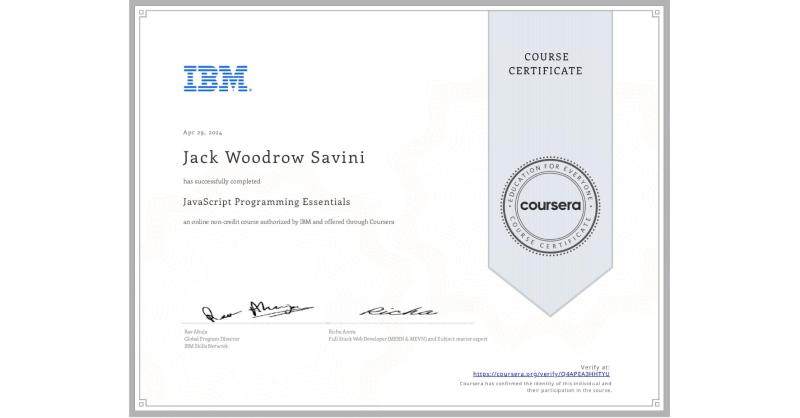 Jack Savini on LinkedIn: Completion Certificate for JavaScript ... Jack Savini on LinkedIn: Completion Certificate for JavaScript ...