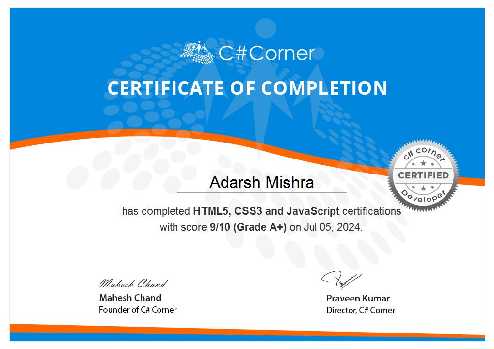 Adarsh Mishra on LinkedIn: HTML5, CSS3 and JavaScript Certification Adarsh Mishra on LinkedIn: HTML5, CSS3 and JavaScript Certification