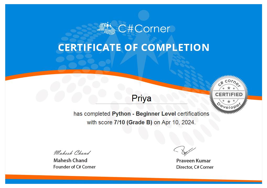 Priya Yadav on LinkedIn: Python - Beginner Level Certification Priya Yadav on LinkedIn: Python - Beginner Level Certification