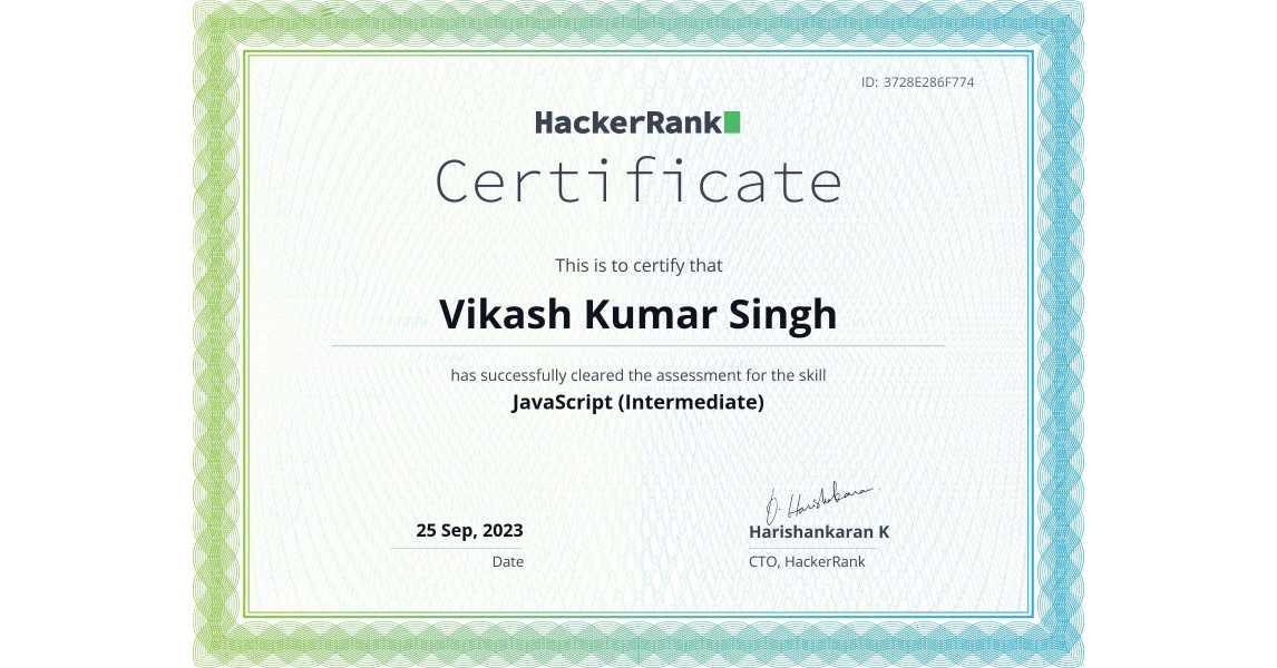 Vikash Kumar Singh on LinkedIn: HackerRank Skill Certificate Vikash Kumar Singh on LinkedIn: HackerRank Skill Certificate