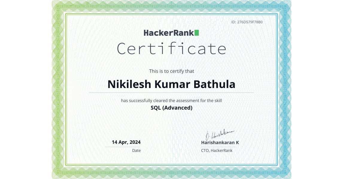Nikilesh Bathula on LinkedIn: HackerRank Skill Certificate Nikilesh Bathula on LinkedIn: HackerRank Skill Certificate