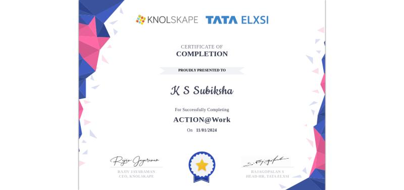 Subiksha K S on LinkedIn: K S Subiksha has completed the course: ACTION ... Subiksha K S on LinkedIn: K S Subiksha has completed the course: ACTION ...