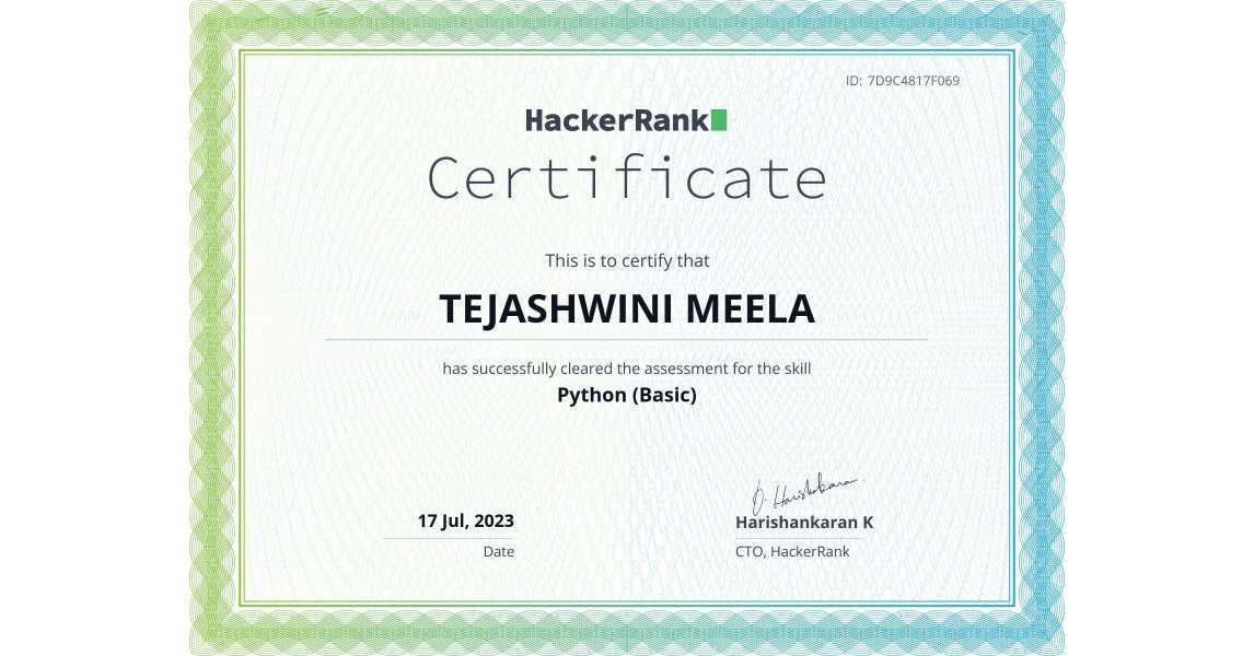 Tejashwini Meela on LinkedIn: HackerRank Skill Certificate Tejashwini Meela on LinkedIn: HackerRank Skill Certificate