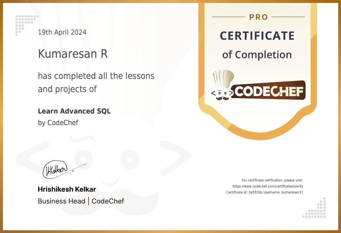 Kumaresan R on LinkedIn: CodeChef Certificate - Kumaresan R Kumaresan R on LinkedIn: CodeChef Certificate - Kumaresan R