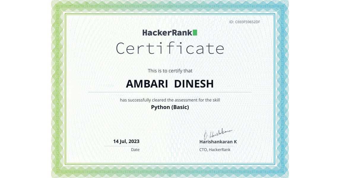 Ambari Dinesh on LinkedIn: HackerRank Skill Certificate Ambari Dinesh on LinkedIn: HackerRank Skill Certificate