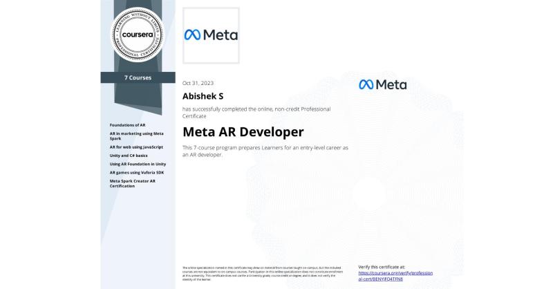 Abishek Sivaraj on LinkedIn: Completion Certificate for Meta AR Developer Abishek Sivaraj on LinkedIn: Completion Certificate for Meta AR Developer