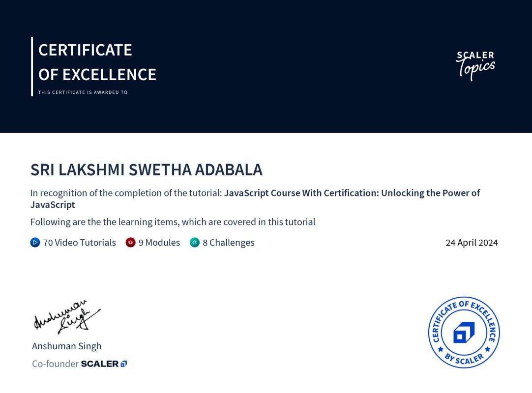 SRI LAKSHMI SWETHA ADABALA on LinkedIn: I have completed JavaScript ... SRI LAKSHMI SWETHA ADABALA on LinkedIn: I have completed JavaScript ...
