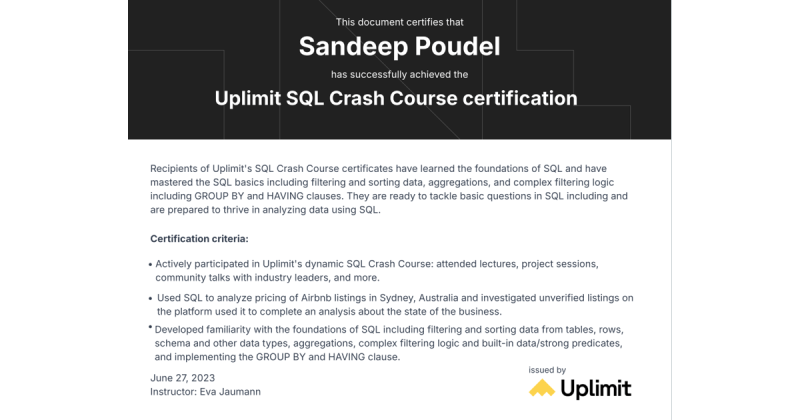 Sandeep Poudel on LinkedIn: SQL Crash Course • Sandeep Poudel • CoRise ... Sandeep Poudel on LinkedIn: SQL Crash Course • Sandeep Poudel • CoRise ...