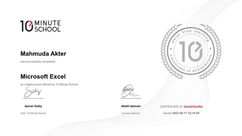 Mahmuda Akter Mariya on LinkedIn: Microsoft Excel Course Certificate Mahmuda Akter Mariya on LinkedIn: Microsoft Excel Course Certificate