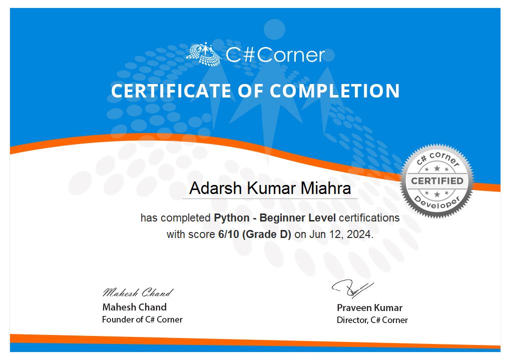 Adarsh Kumar Mishra on LinkedIn: Python - Beginner Level Certification Adarsh Kumar Mishra on LinkedIn: Python - Beginner Level Certification