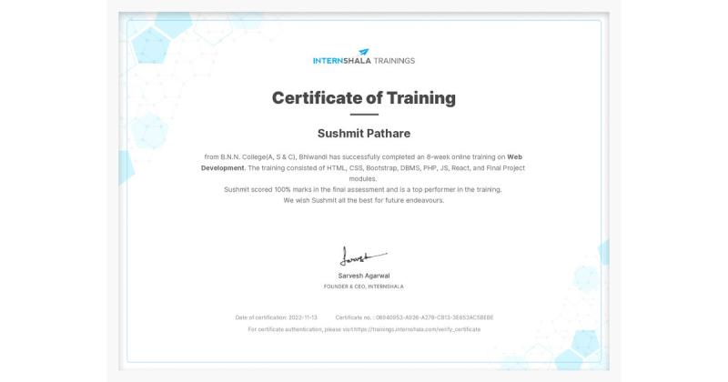 Completed Web Development training from Internshala | Sushmit Pathare ... Completed Web Development training from Internshala | Sushmit Pathare ...