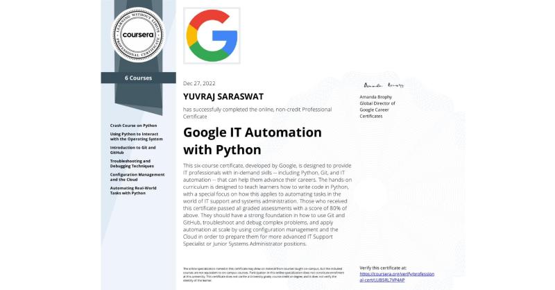 YUVRAJ SARASWAT on LinkedIn: Completion Certificate for Google IT ... YUVRAJ SARASWAT on LinkedIn: Completion Certificate for Google IT ...