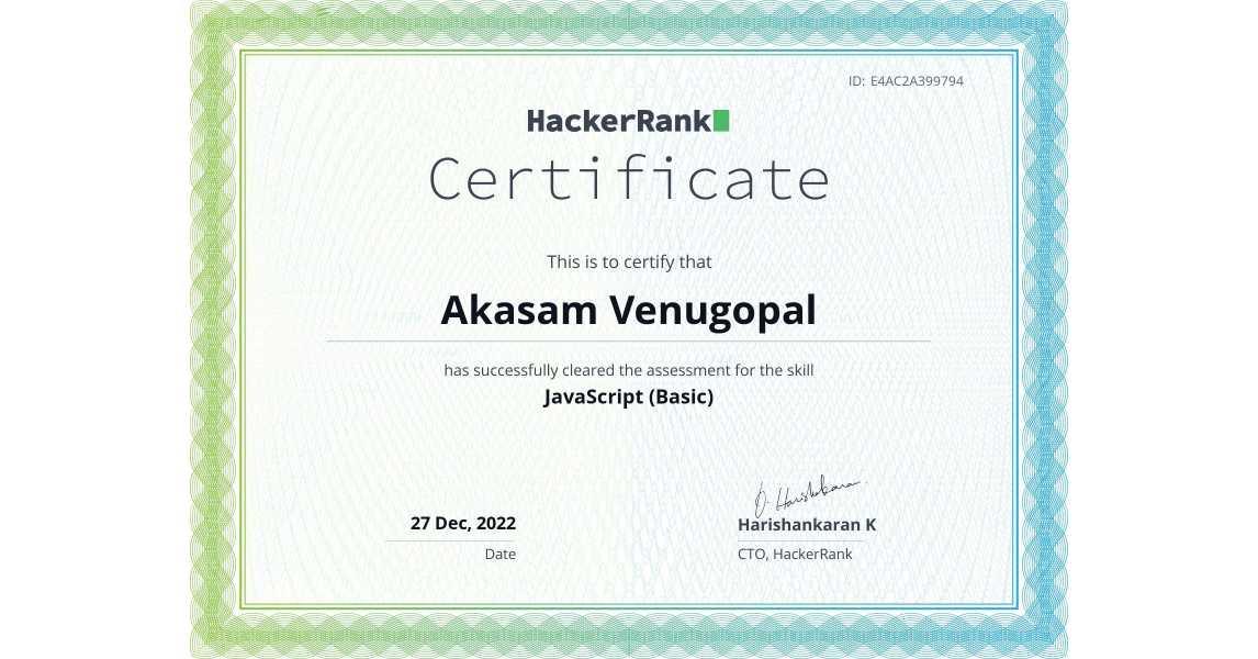 Venugopal Akasam on LinkedIn: HackerRank Skill Certificate Venugopal Akasam on LinkedIn: HackerRank Skill Certificate