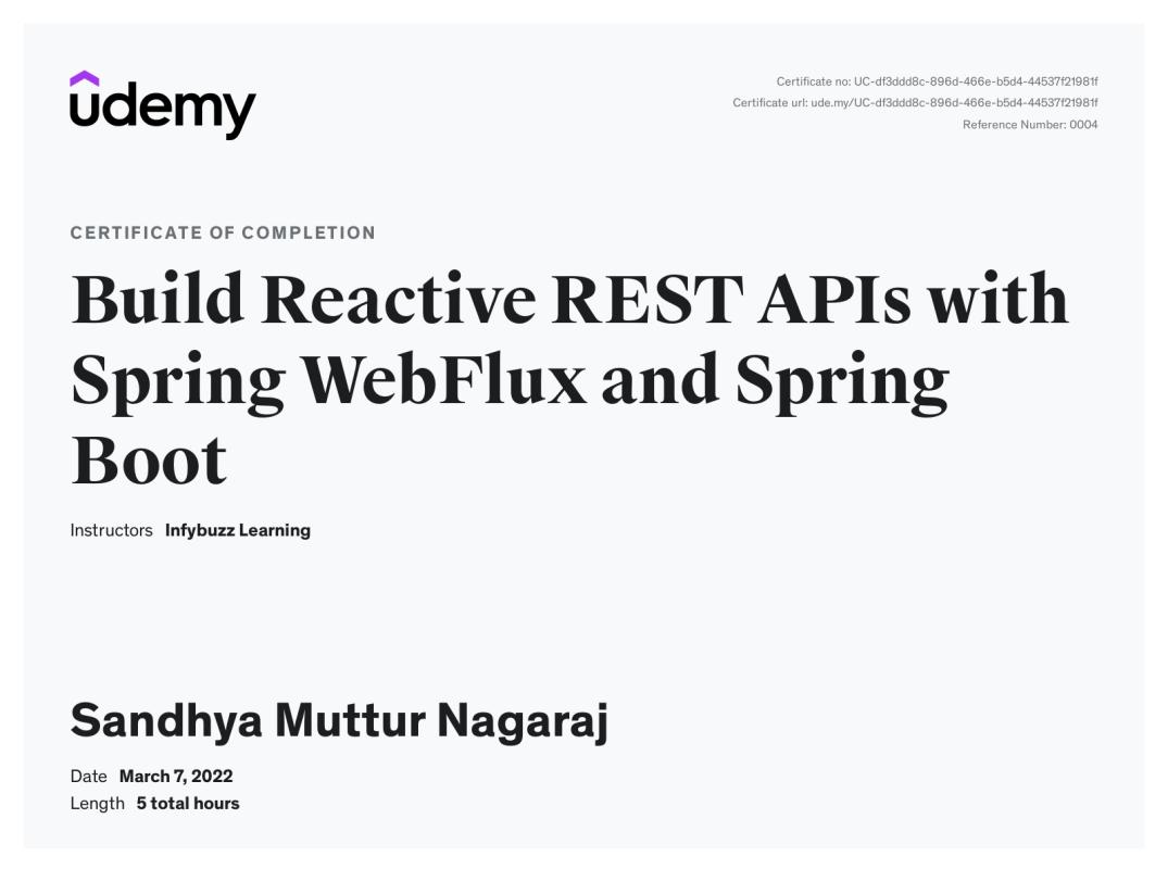 Sandhya Nagaraj on LinkedIn: Successfully completed the Spring WebFlux ... Sandhya Nagaraj on LinkedIn: Successfully completed the Spring WebFlux ...