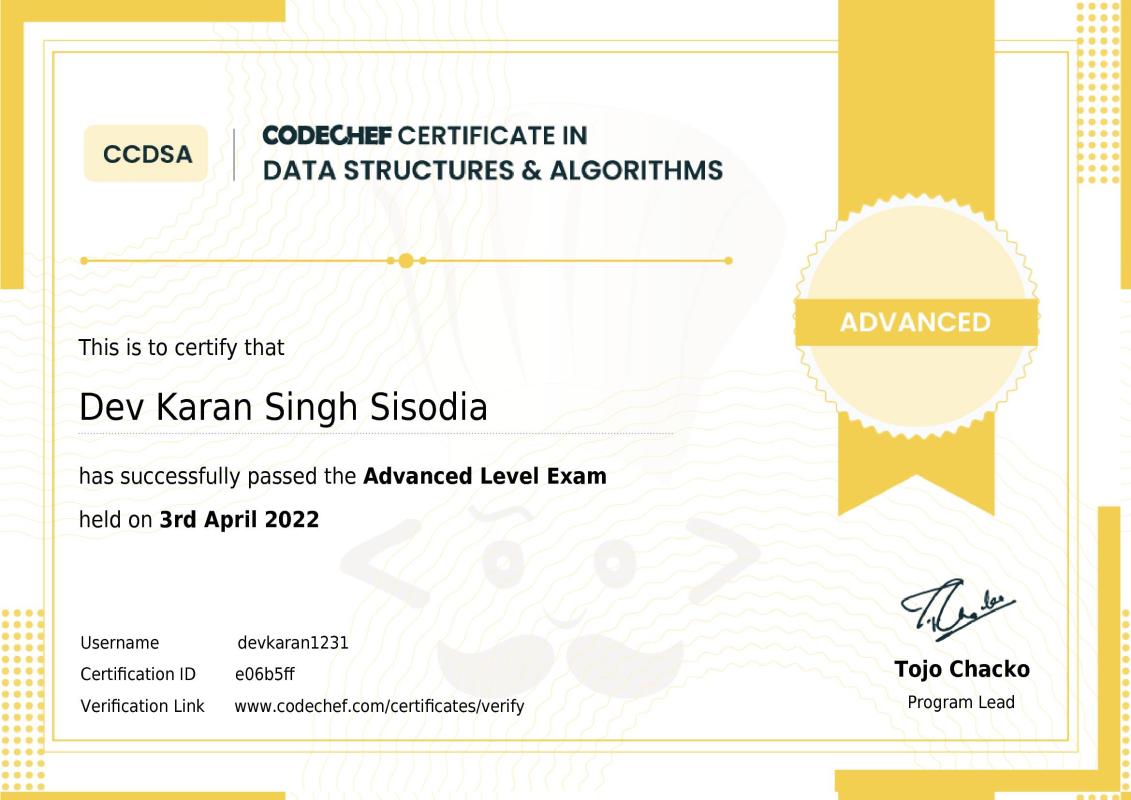 Dev Karan Singh on LinkedIn: CodeChef certifies Dev Karan Singh Sisodia Dev Karan Singh on LinkedIn: CodeChef certifies Dev Karan Singh Sisodia