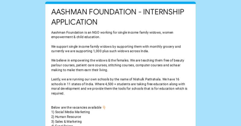 AASHMAN FOUNDATION - INTERNSHIP APPLICATION | Ayush Upadhyay AASHMAN FOUNDATION - INTERNSHIP APPLICATION | Ayush Upadhyay
