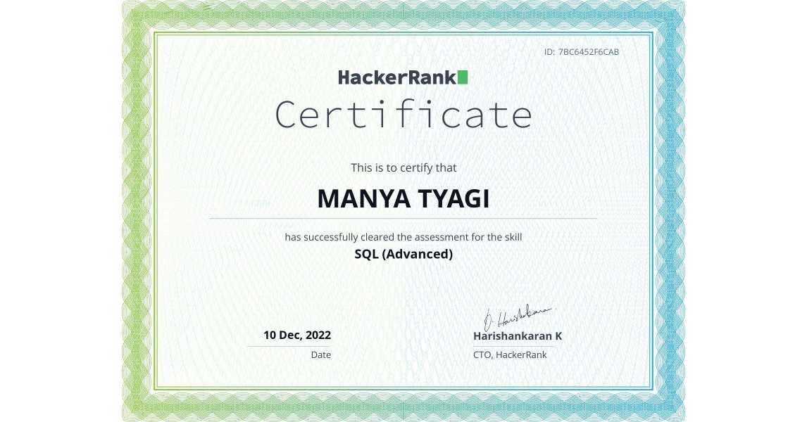 Manya Tyagi on LinkedIn: HackerRank Skill Certificate Manya Tyagi on LinkedIn: HackerRank Skill Certificate