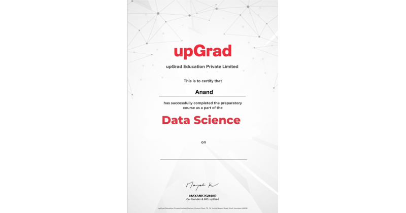 DS C46 Preparatory Course Certificate • Anand • upGrad | Anand Babu DS C46 Preparatory Course Certificate • Anand • upGrad | Anand Babu