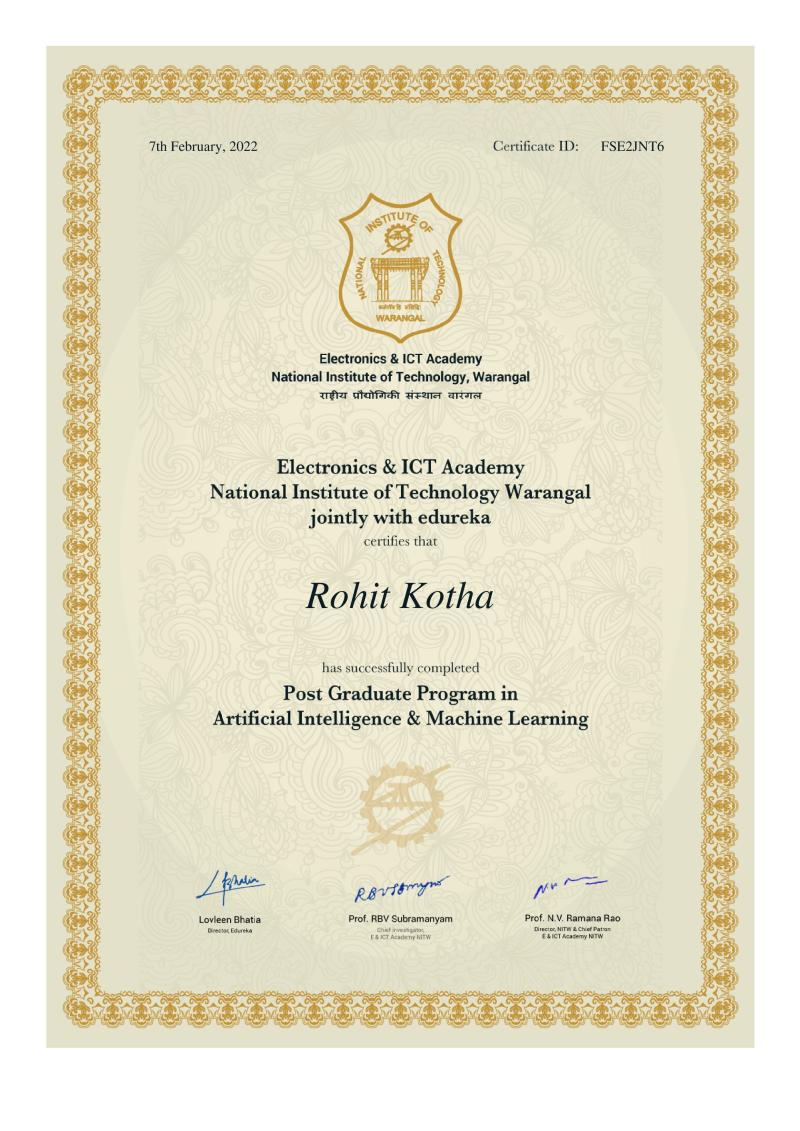 Rohit kotha on LinkedIn: Certified in AI and ML from NIT Warangal ... Rohit kotha on LinkedIn: Certified in AI and ML from NIT Warangal ...