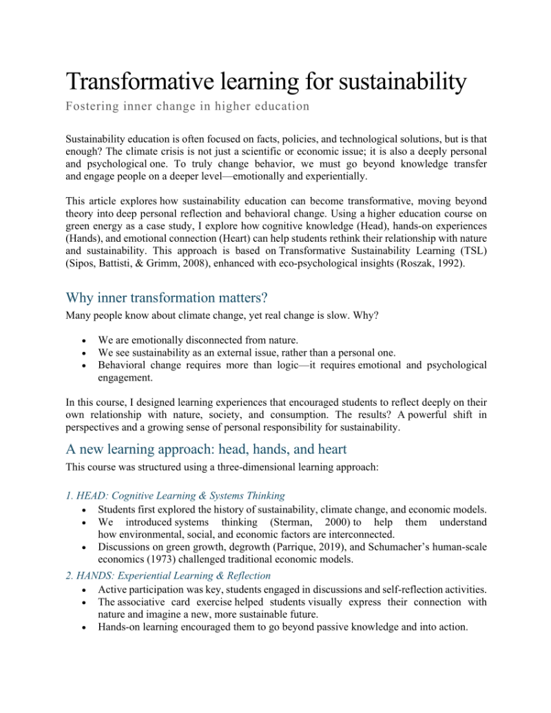 (PDF) Transformative learning for sustainability Fostering inner change ... (PDF) Transformative learning for sustainability Fostering inner change ...
