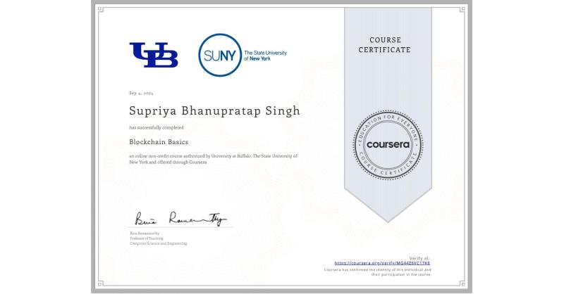 Supriya Singh on LinkedIn: Completion Certificate for Blockchain Basics Supriya Singh on LinkedIn: Completion Certificate for Blockchain Basics