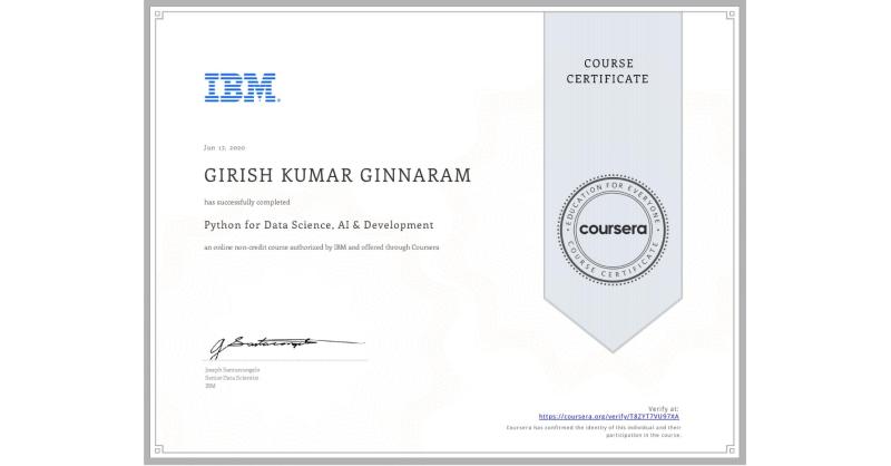 Girish kumar Ginnaram on LinkedIn: #ibm #python #datascience #ai #coursera Girish kumar Ginnaram on LinkedIn: #ibm #python #datascience #ai #coursera