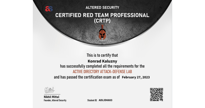 Konrad Kaluzny on LinkedIn: Certified Red Team Professional (CRTP ... Konrad Kaluzny on LinkedIn: Certified Red Team Professional (CRTP ...