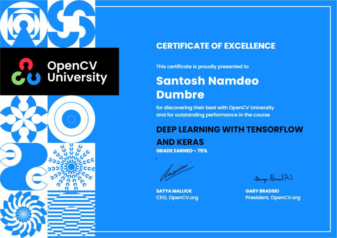 OpenCV DLTK Certificate | OpenCV | Santosh Dumbre OpenCV DLTK Certificate | OpenCV | Santosh Dumbre