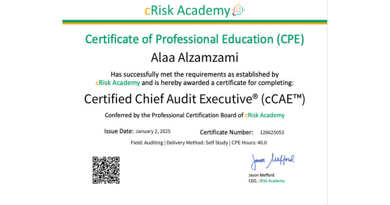 Certificate of Professional Education (CPE) • Alaa Alzamzami • cRisk ... Certificate of Professional Education (CPE) • Alaa Alzamzami • cRisk ...