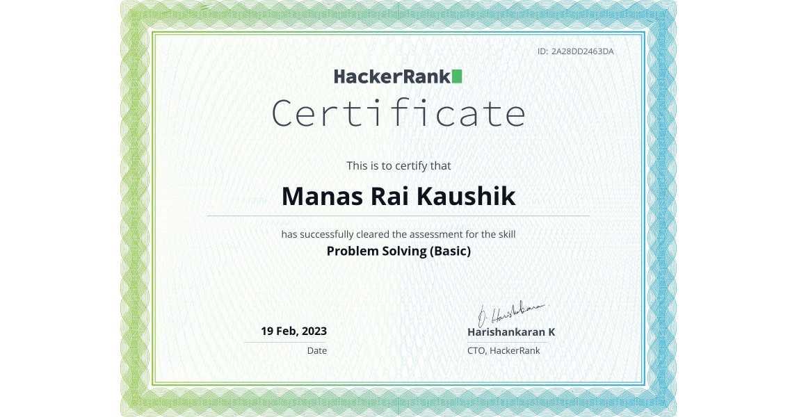 Manas Rai Kaushik on LinkedIn: HackerRank Skill Certificate Manas Rai Kaushik on LinkedIn: HackerRank Skill Certificate
