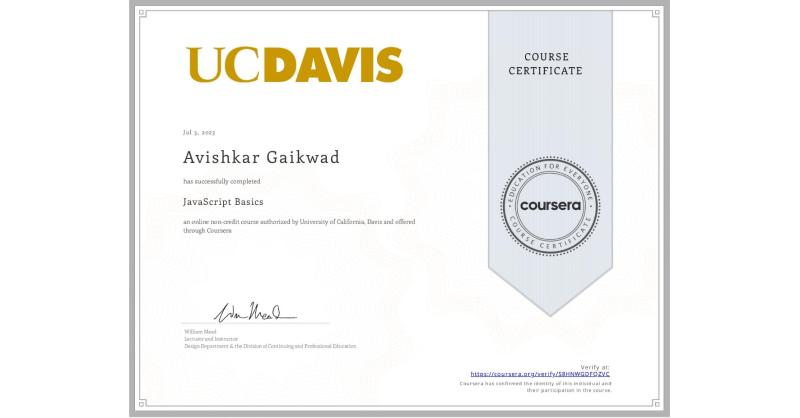 Avishkar Gaikwad on LinkedIn: Completion Certificate for JavaScript Basics Avishkar Gaikwad on LinkedIn: Completion Certificate for JavaScript Basics