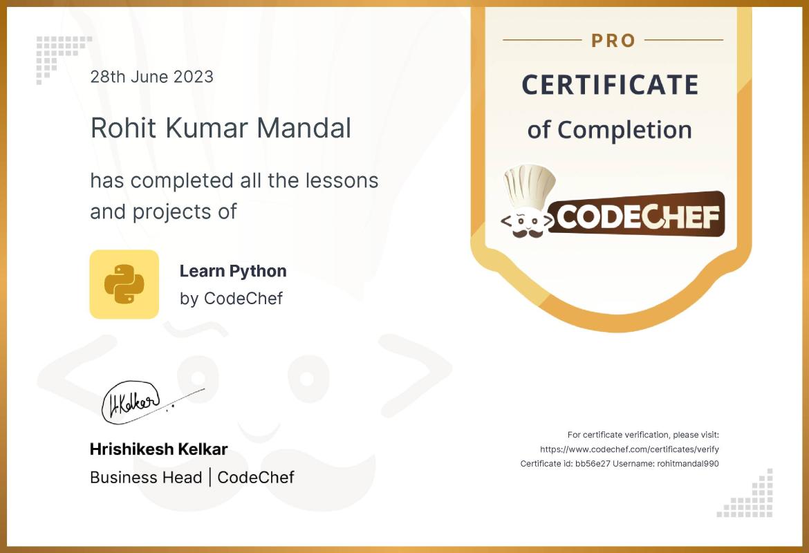 Rohit Mandal on LinkedIn: CodeChef Certificate - Rohit Kumar Mandal Rohit Mandal on LinkedIn: CodeChef Certificate - Rohit Kumar Mandal