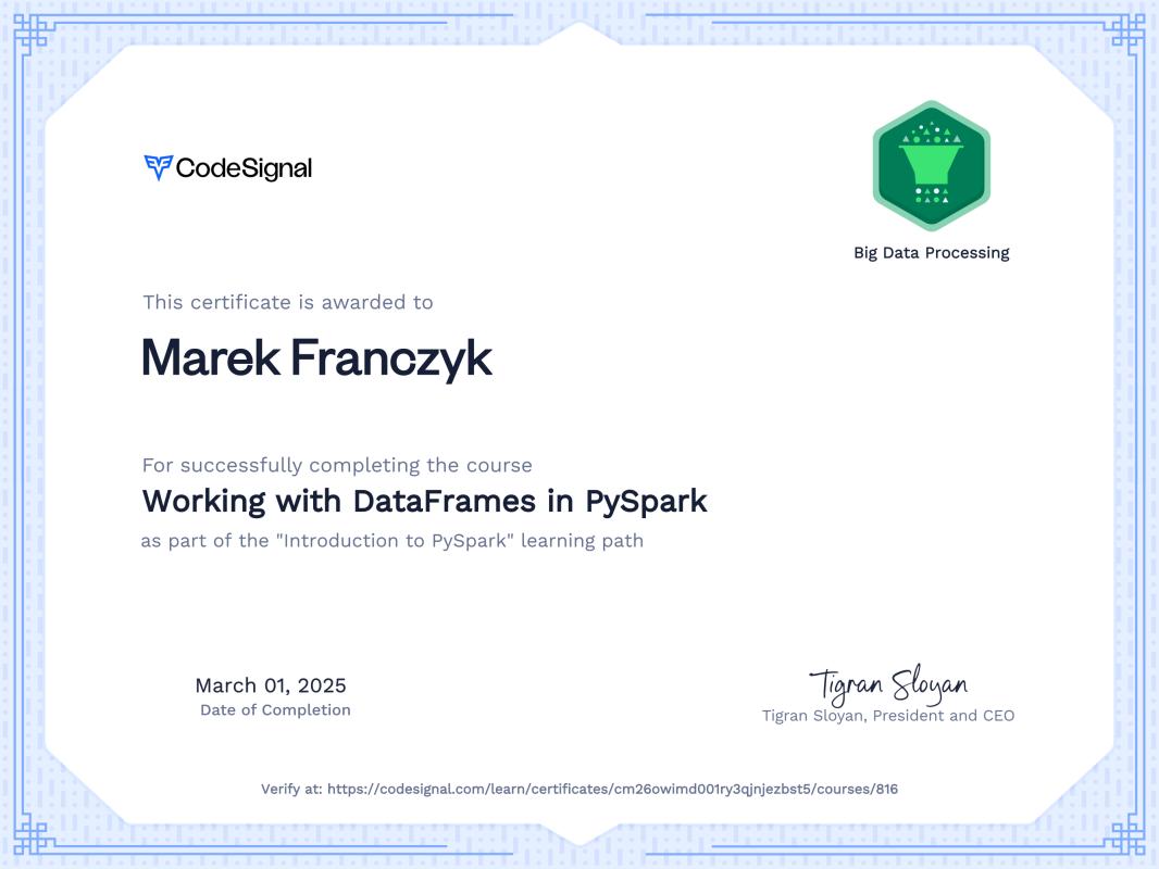 Course certificate for Working with DataFrames in PySpark | Marek Franczyk Course certificate for Working with DataFrames in PySpark | Marek Franczyk