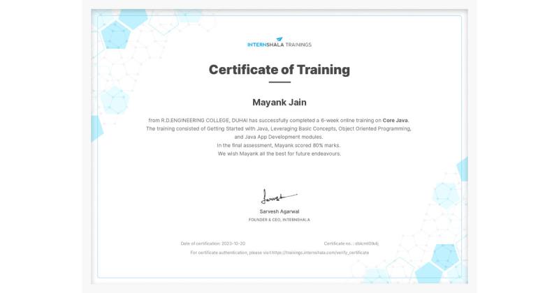 Successfully completed the Core Java training from Internshala ... Successfully completed the Core Java training from Internshala ...