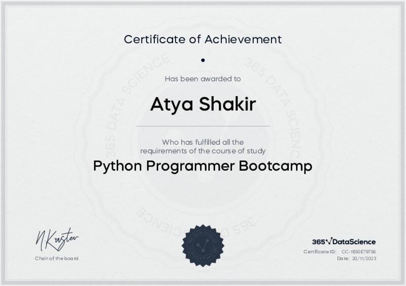 atya shakir on LinkedIn: Certificate of Achievement: Python Programmer ... atya shakir on LinkedIn: Certificate of Achievement: Python Programmer ...
